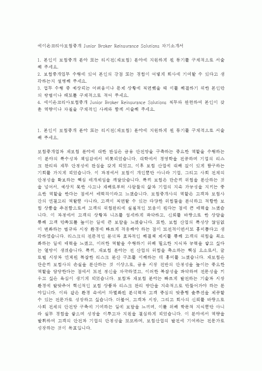 에이온코리아보험중개 Junior Brer Reinsurance Solutions 자기소개서