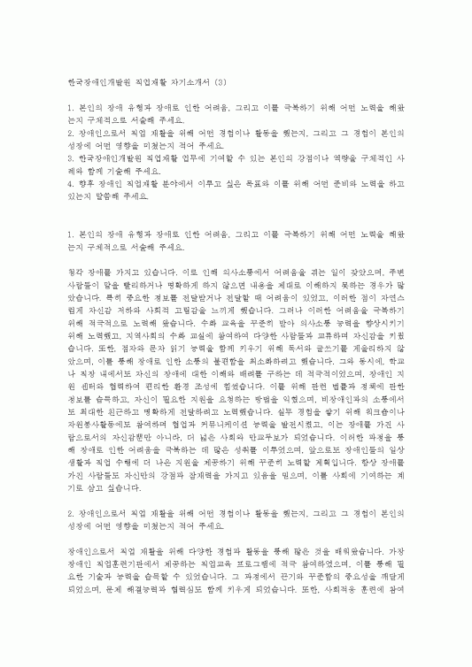 한국장애인개발원 직업재활 자기소개서 (3)