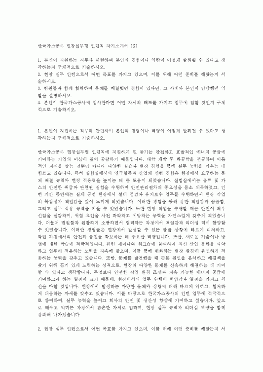 한국가스공사 현장실무형 인턴직 자기소개서 (6)