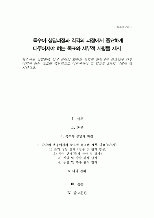 (리포트)특수아 상담에 있어 상담 과정과 각각의 과정 중요하게 다루어져야 하는 목표 세부적으로 이루어져야 할 일들 2가지 이상