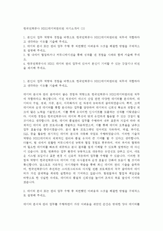 한국전력공사 NDIS데이터관리원 자기소개서 (3)