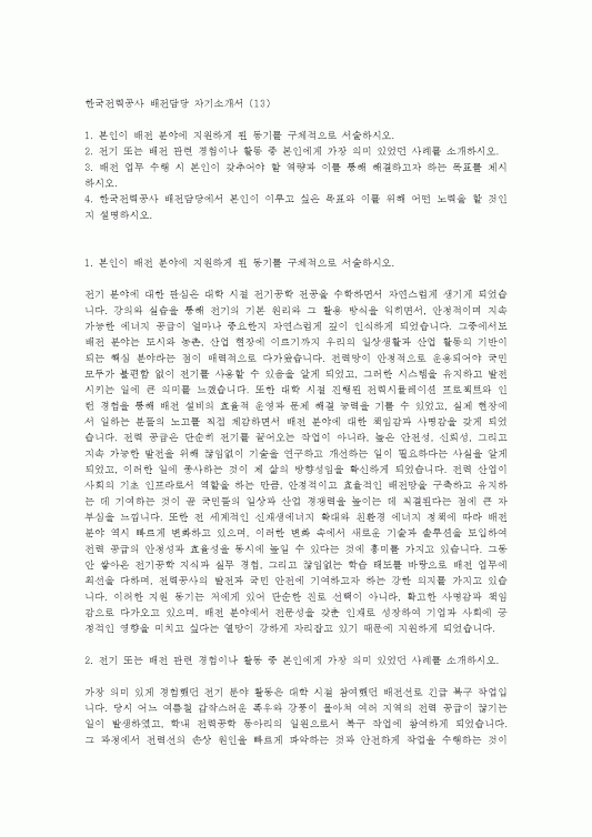 한국전력공사 배전담당 자기소개서 (13)