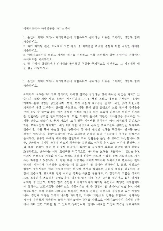 이베이코리아 마케팅부문 자기소개서