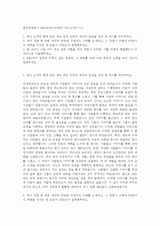 한국방송공사 KBS예능드라마PD 자기소개서 (3)