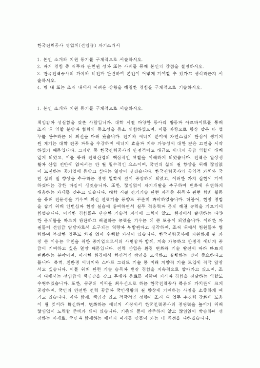 한국전력공사 영업처(선임급) 자기소개서