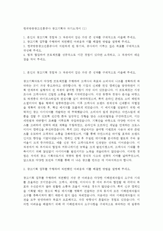 한국방송광고진흥공사 광고기획자 자기소개서 (1)