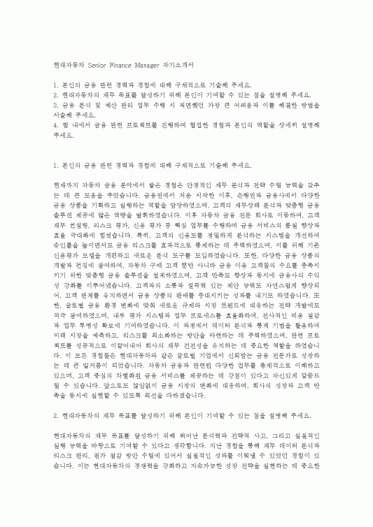 현대자동차 Senior Finance Manager 자기소개서