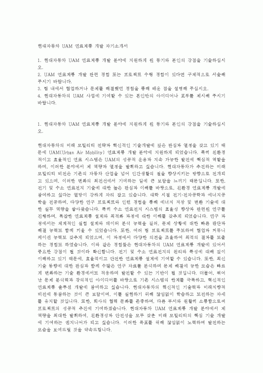 현대자동차 UAM 연료계통 개발 자기소개서