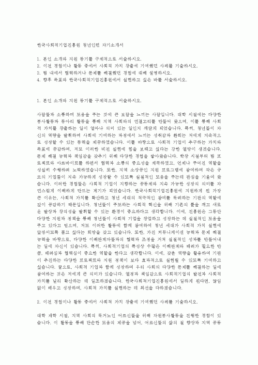 한국사회적기업진흥원 청년인턴 자기소개서