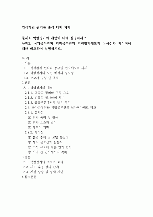 인적자원 관리론 출석 대체 과제 역량평가의 개념