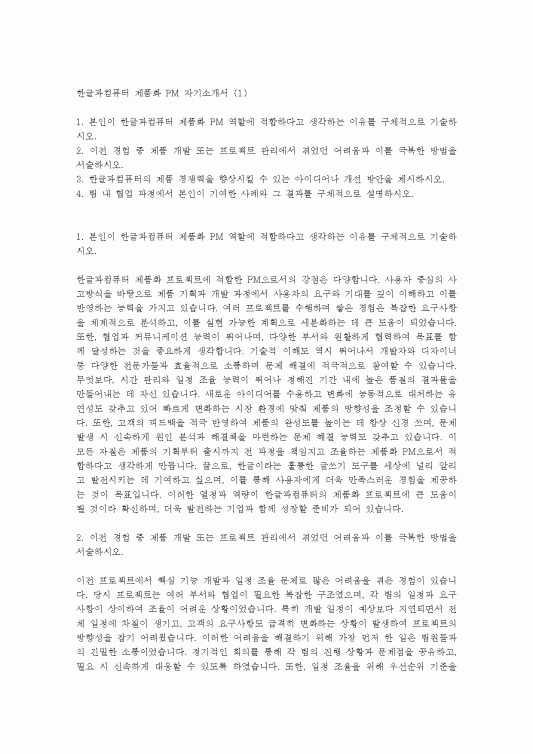 한글과컴퓨터 제품화 PM 자기소개서 (1)
