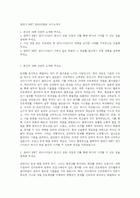 엔케이 BWT ENGINEER 자기소개서