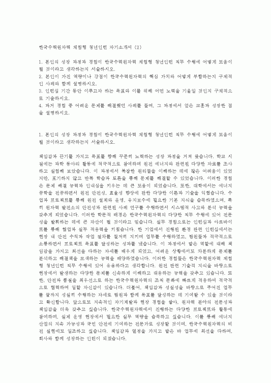 한국수력원자력 체험형 청년인턴 자기소개서 (2)