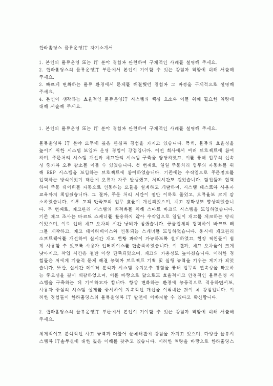 한라홀딩스 물류운영IT 자기소개서