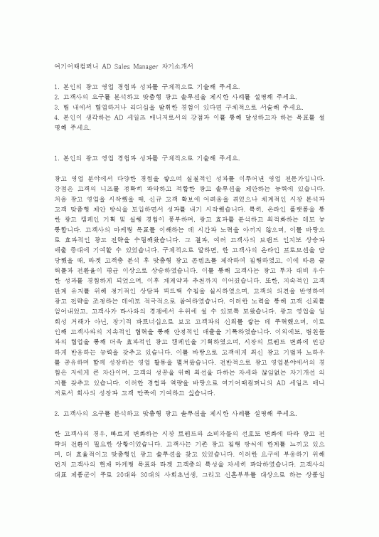 여기어때컴퍼니 AD Sales Manager 자기소개서