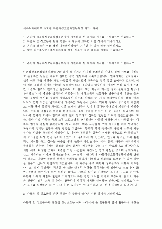 이화여자대학교 대학원 다문화상호문화협동과정 자기소개서