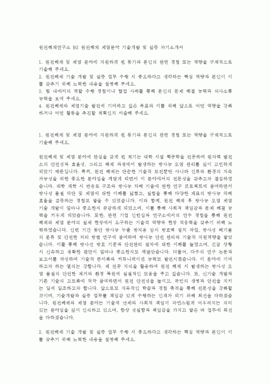 원전해체연구소 B2 원전해체 제염분야 기술개발 및 실증 자기소개서