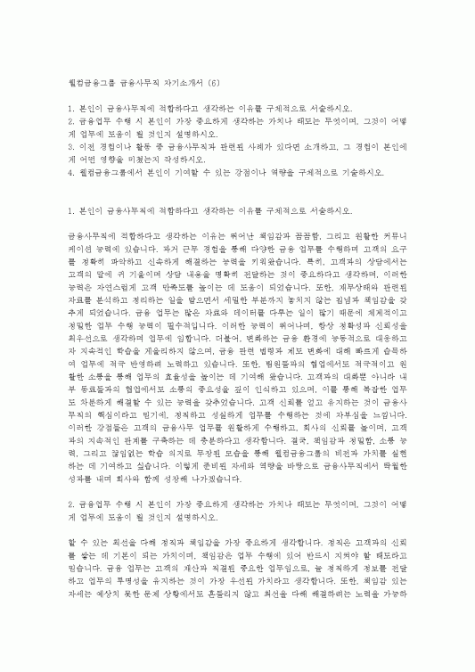 웰컴금융그룹 금융사무직 자기소개서 (6)