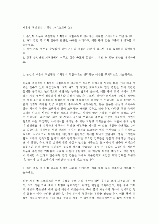 해운대 부민병원 기획팀 자기소개서 (6)