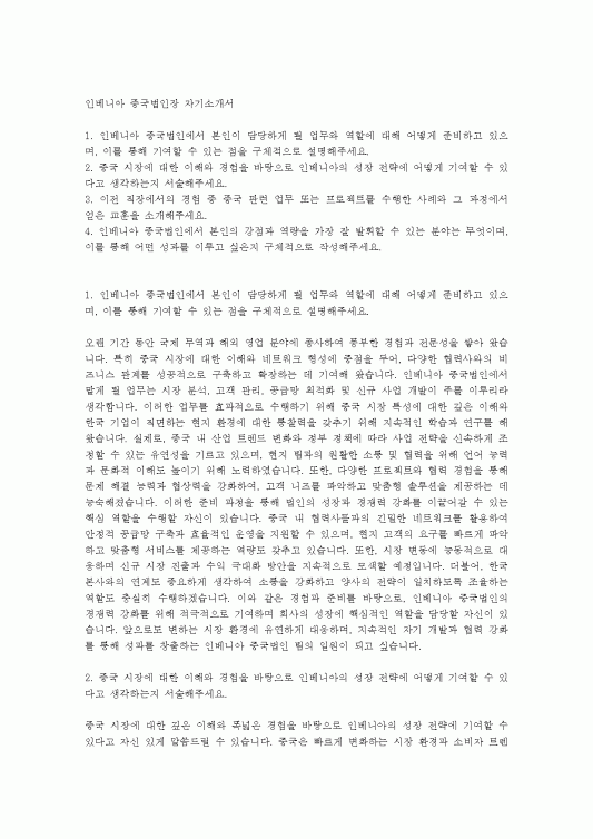 인베니아 중국법인장 자기소개서