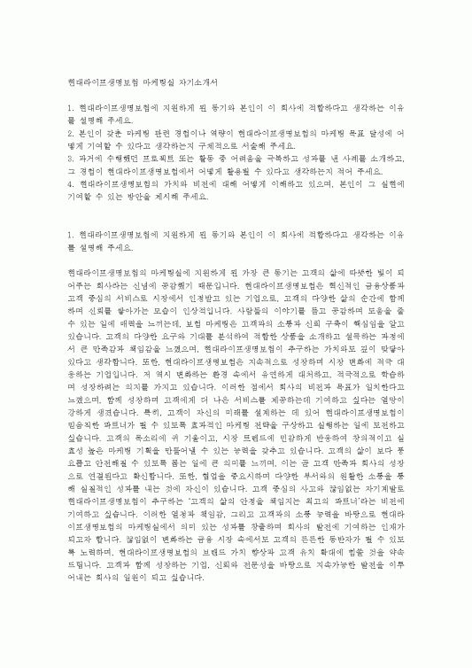 현대라이프생명보험 마케팅실 자기소개서