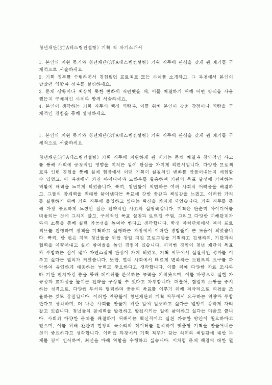 청년재단(STA테스팅컨설팅) 기획 직 자기소개서