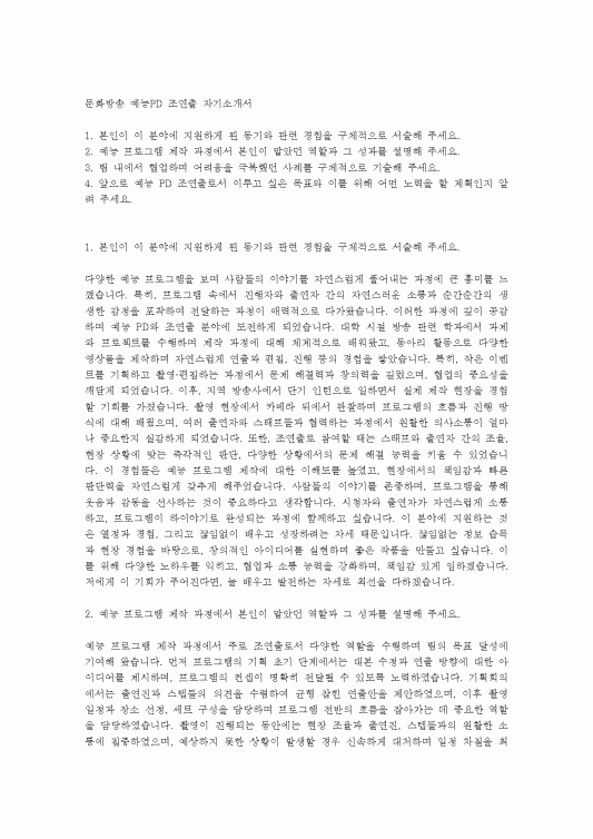 문화방송 예능PD 조연출 자기소개서
