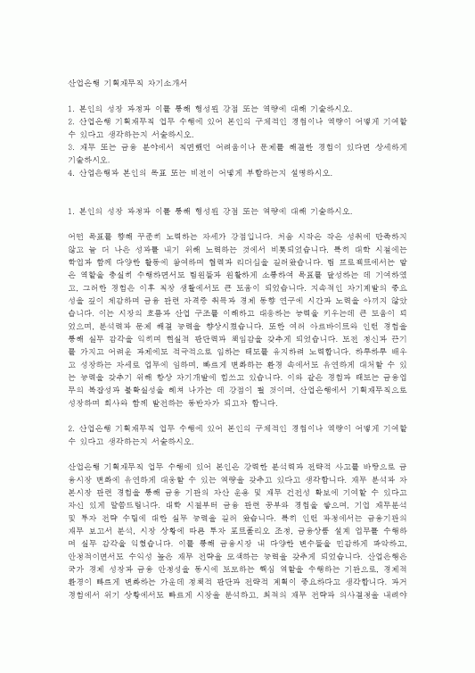 산업은행 기획재무직 자기소개서