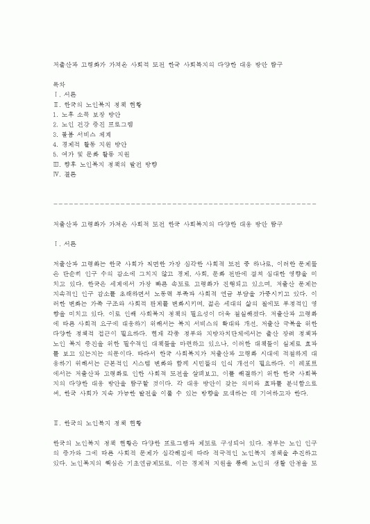 저출산과 고령화가 가져온 사회적 도전 한국 사회복지의 다양한 대응 방안 탐구
