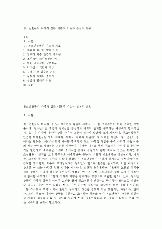 청소년활동의 다각적 접근 이론적 기초와 실천적 응용