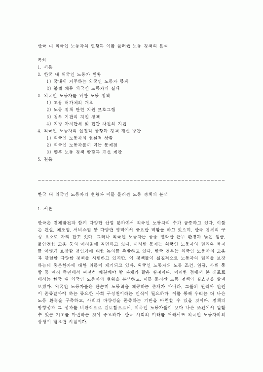 한국 내 외국인 노동자의 현황과 이를 둘러싼 노동 정책의 분석