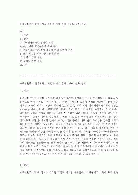 가족생활주기 단계에서의 도전과 기회 현재 가족의 상황 분석
