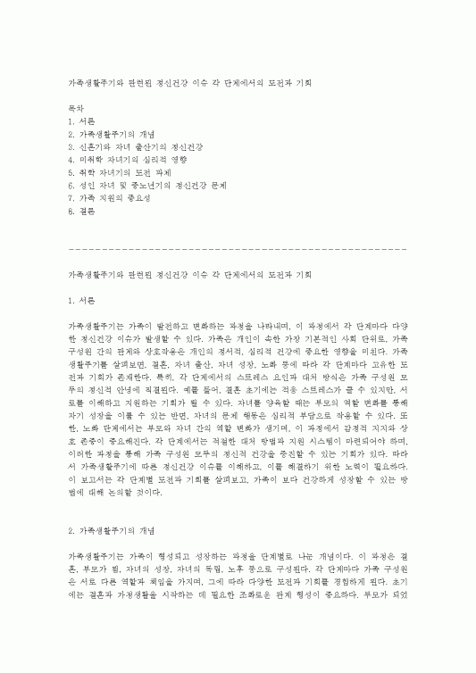 가족생활주기와 관련된 정신건강 이슈 각 단계에서의 도전과 기회
