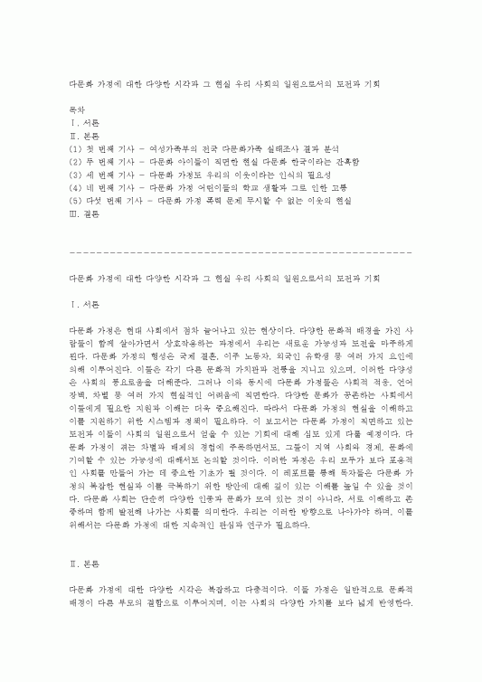 다문화 가정에 대한 다양한 시각과 그 현실 우리 사회의 일원으로서의 도전과 기회