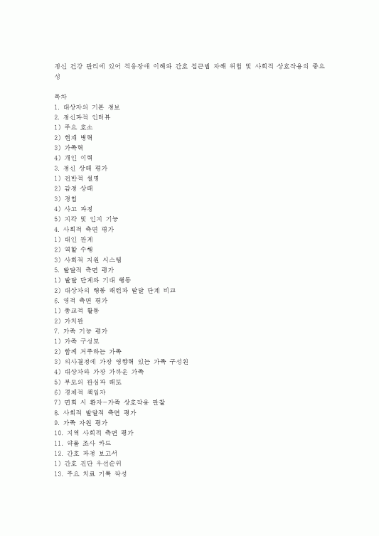 정신 건강 관리에 있어 적응장애 이해와 간호 접근법 자해 위험 및 사회적 상호작용의 중요성