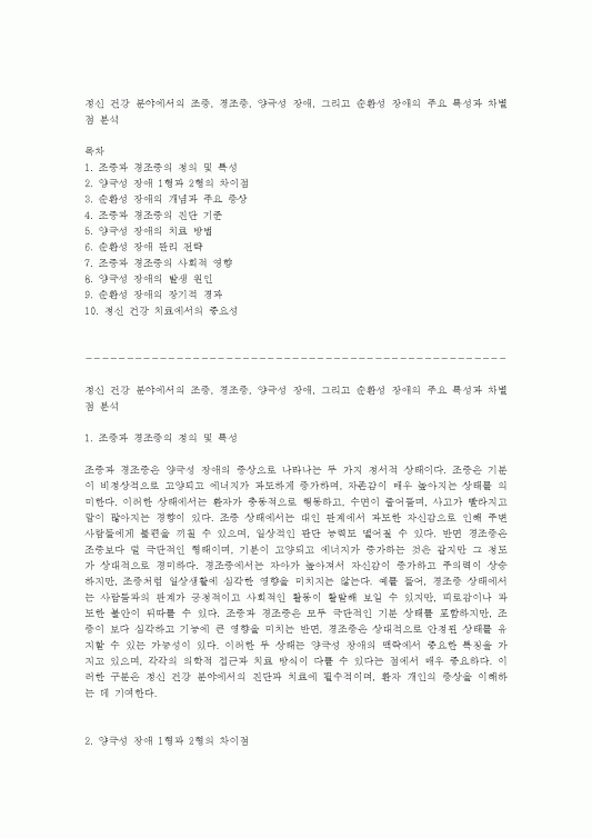 정신 건강 분야에서의 조증, 경조증, 양극성 장애, 그리고 순환성 장애의 주요 특성과 차별점 분석