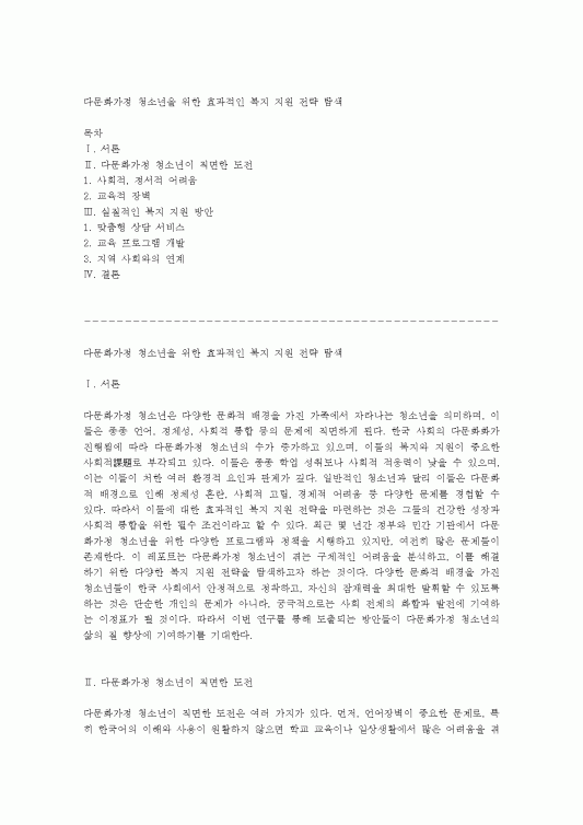 다문화가정 청소년을 위한 효과적인 복지 지원 전략 탐색