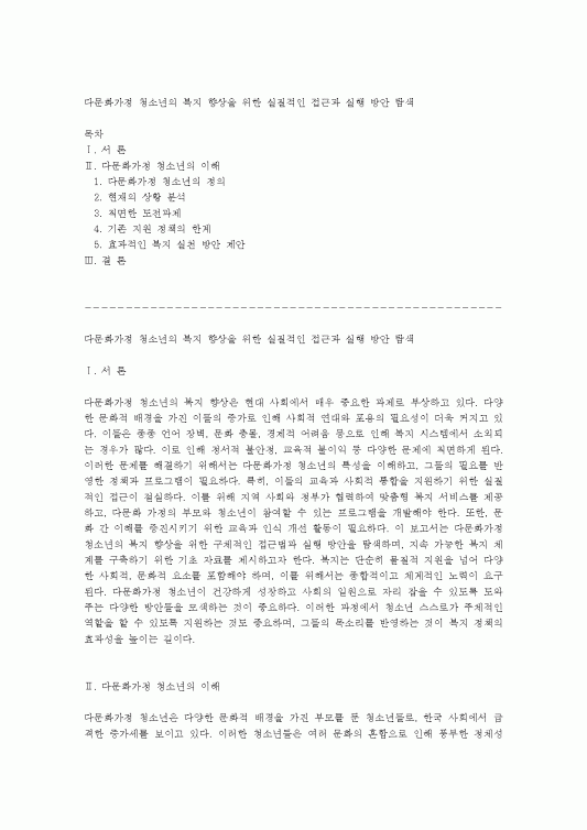 다문화가정 청소년의 복지 향상을 위한 실질적인 접근과 실행 방안 탐색