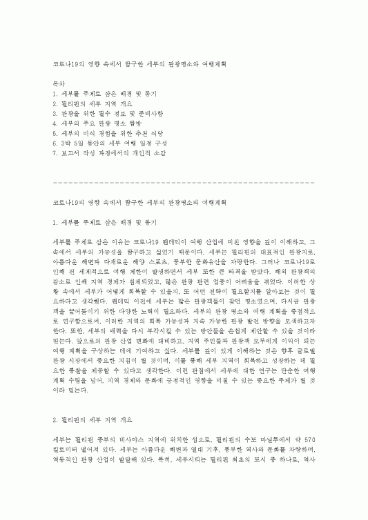 코로나19의 영향 속에서 탐구한 세부의 관광명소와 여행계획