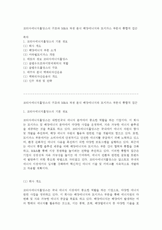 코리아에너지홀딩스의 구조와 M&A 과정 분석 해양에너지와 도시가스 부문의 통합적 접근