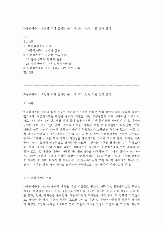 다문화가족의 도전과 기회 문제점 분석 및 조기 안정 지원 전략 탐색