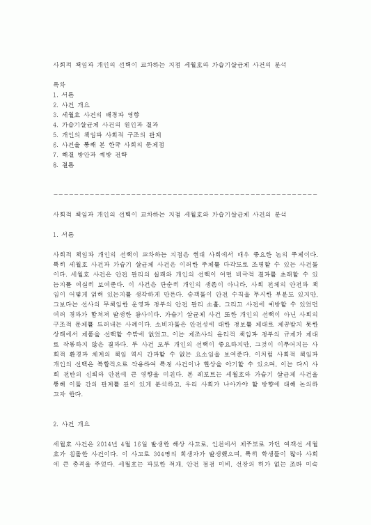 사회적 책임과 개인의 선택이 교차하는 지점 세월호와 가습기살균제 사건의 분석