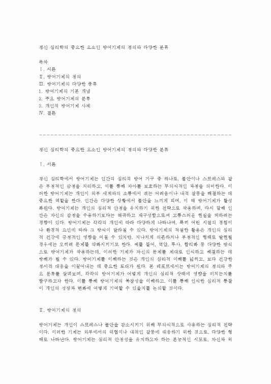 정신 심리학의 중요한 요소인 방어기제의 정의와 다양한 분류