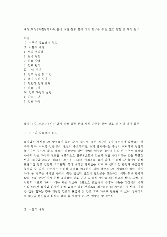 대장(직장S자결장경계부)암에 대한 심층 분석 사례 연구를 통한 간호 진단 및 과정 탐구