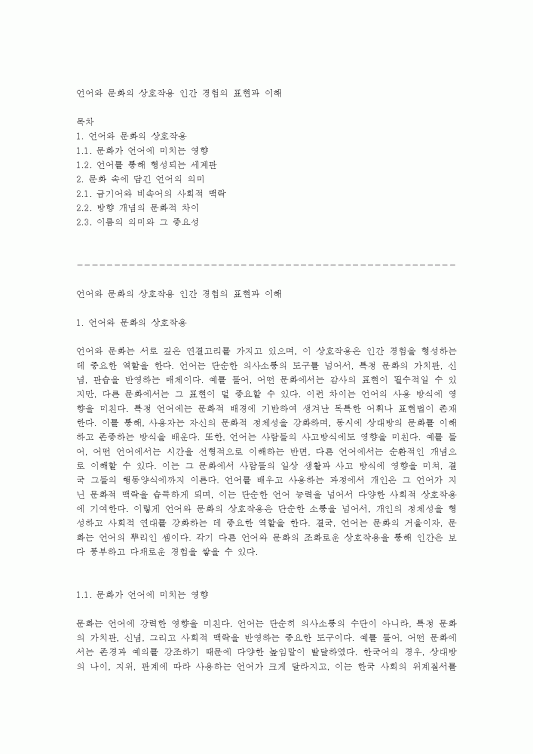 언어와 문화의 상호작용 인간 경험의 표현과 이해