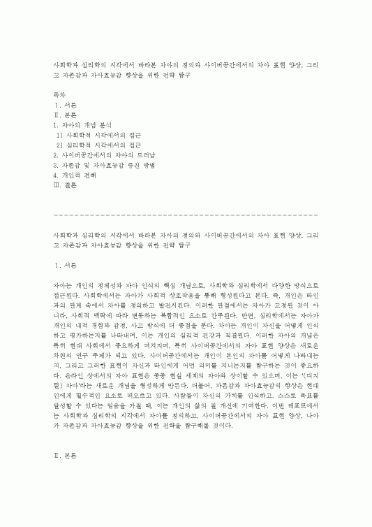 사회학과 심리학의 시각에서 바라본 자아의 정의와 사이버공간에서의 자아 표현 양상, 그리고 자존감과 자아효능감 향상을 위한 전략 탐구