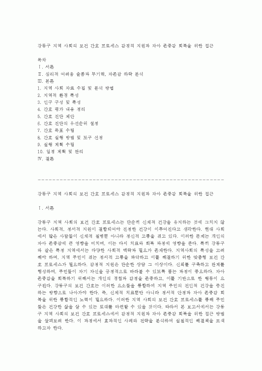 강동구 지역 사회의 보건 간호 프로세스 감정적 지원과 자아 존중감 회복을 위한 접근