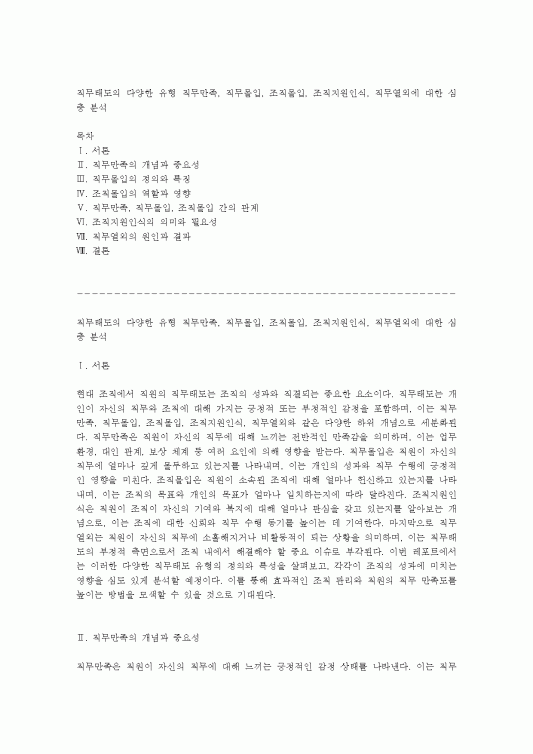 직무태도의 다양한 유형 직무만족, 직무몰입, 조직몰입, 조직지원인식, 직무열외에 대한 심층 분석