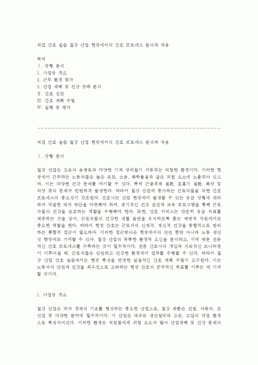 직업 간호 실습 철강 산업 현장에서의 간호 프로세스 분석과 적용