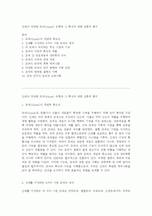인체의 다양한 조직(tissue) 유형과 그 특성에 대한 심층적 탐구